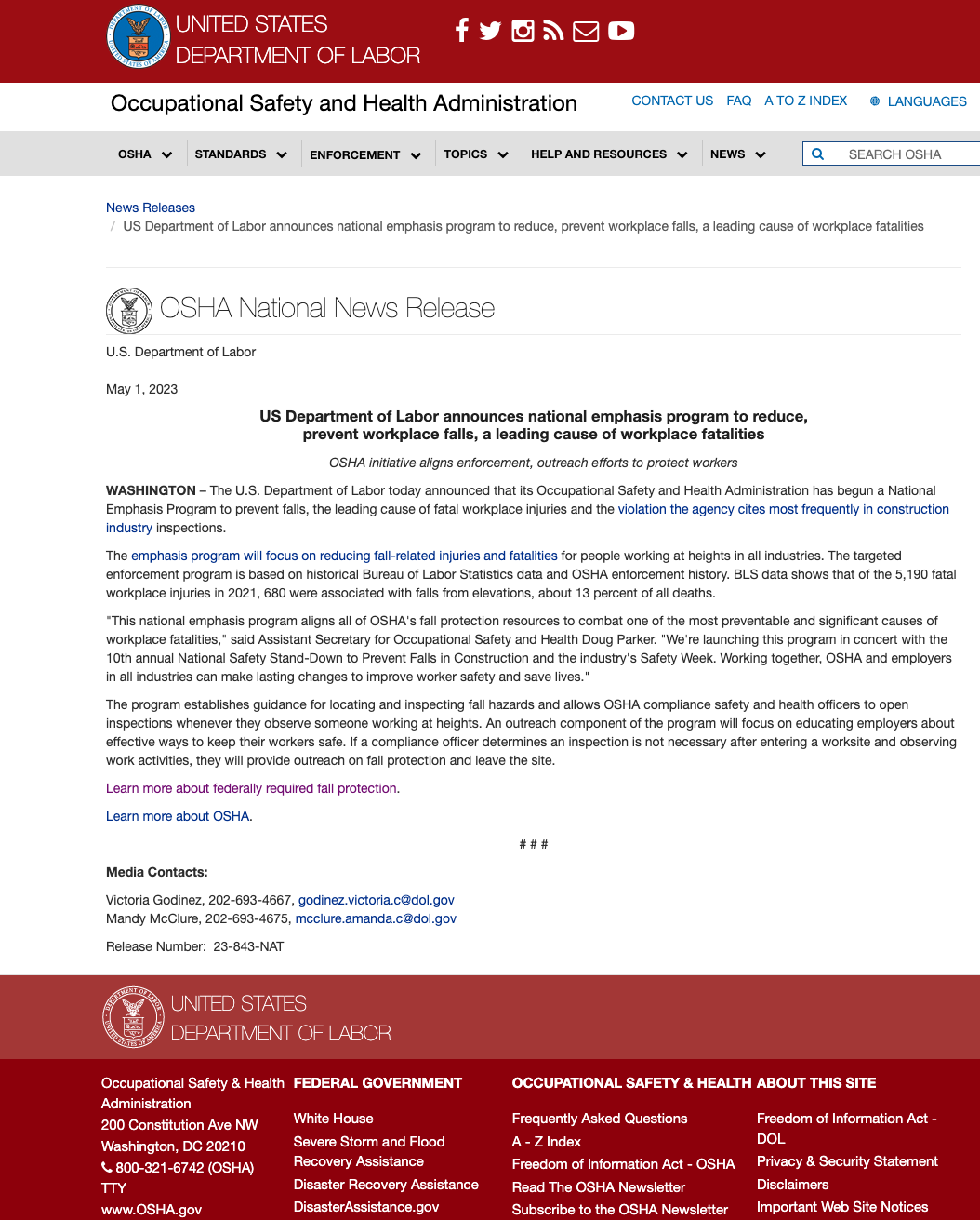 OSHA Launches National Emphasis Program to Prevent Workplace Falls ...